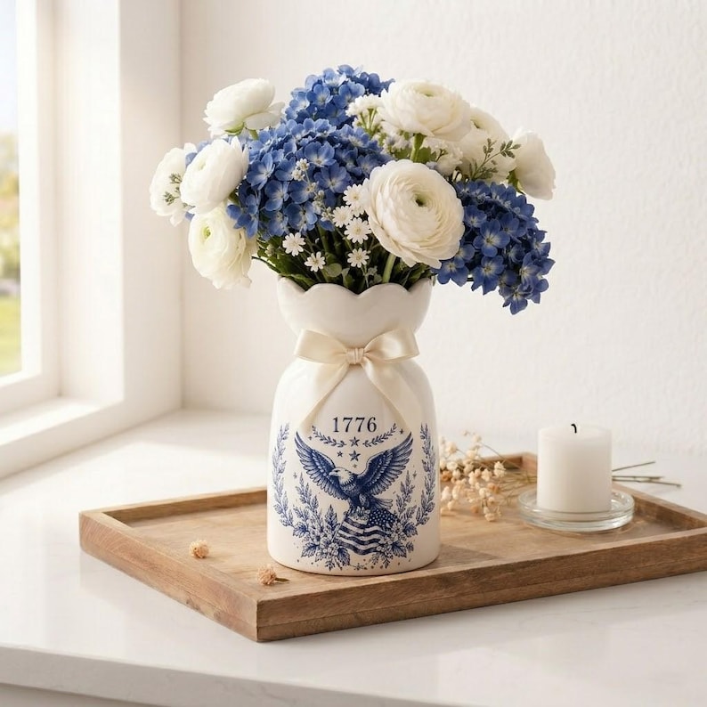 Patriotic Blue and White Ceramic Flower Vase, 4th of July Home Decor ...