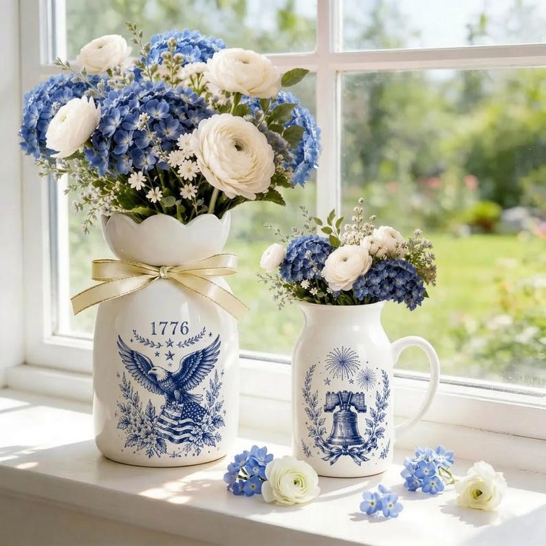 Patriotic Blue and White Ceramic Flower Vase, 4th of July Home Decor ...