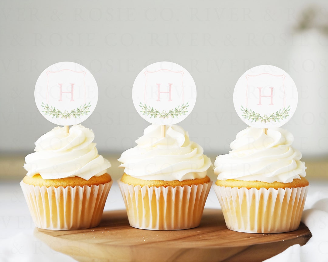 Personalized Cupcake Toppers, Printable Download, Watercolor Crest, Pink and White, Preppy Girl ...