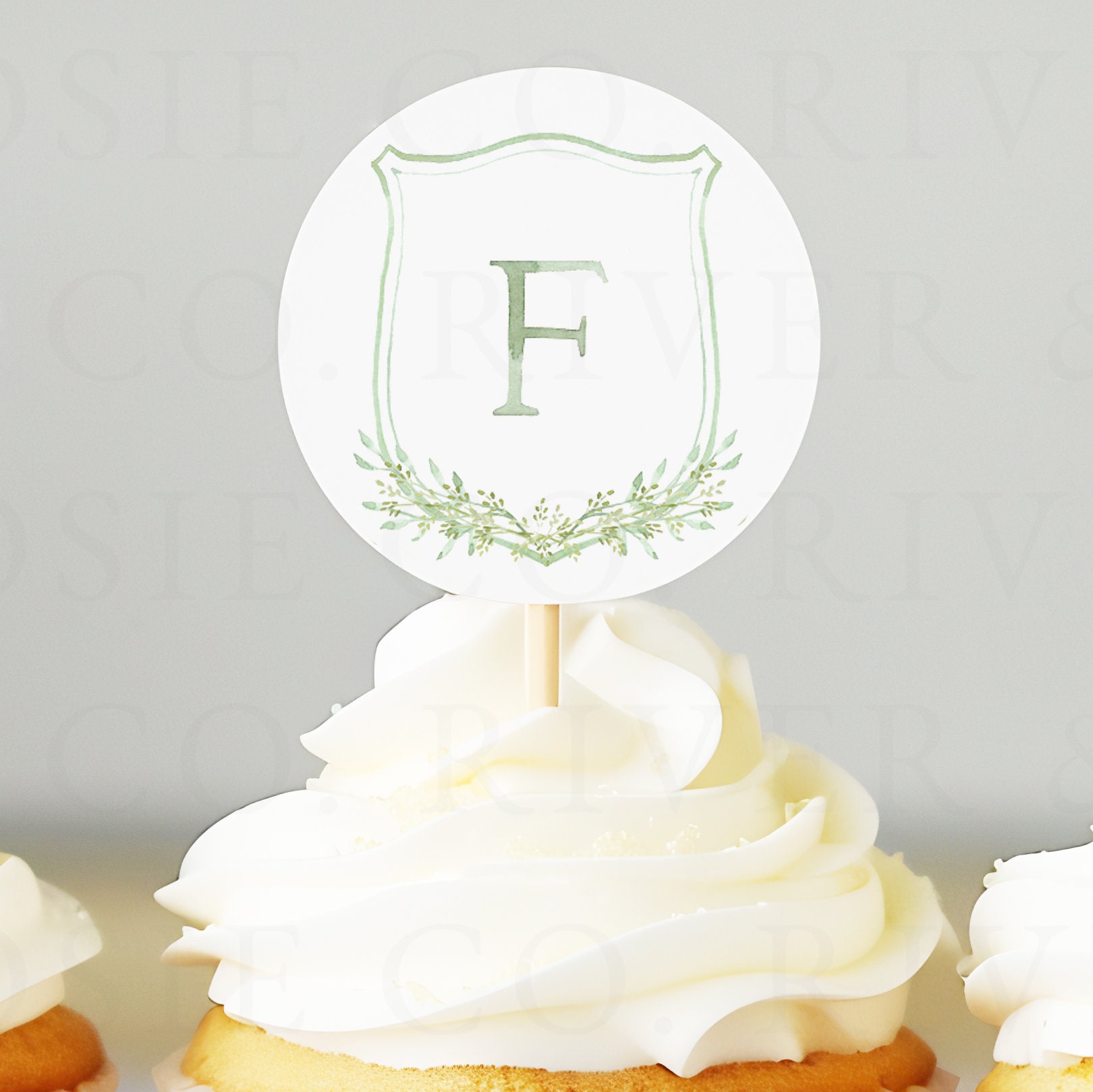 Personalized Cupcake Toppers, Printable Download, Watercolor Crest, Green and White, Preppy Baby ...