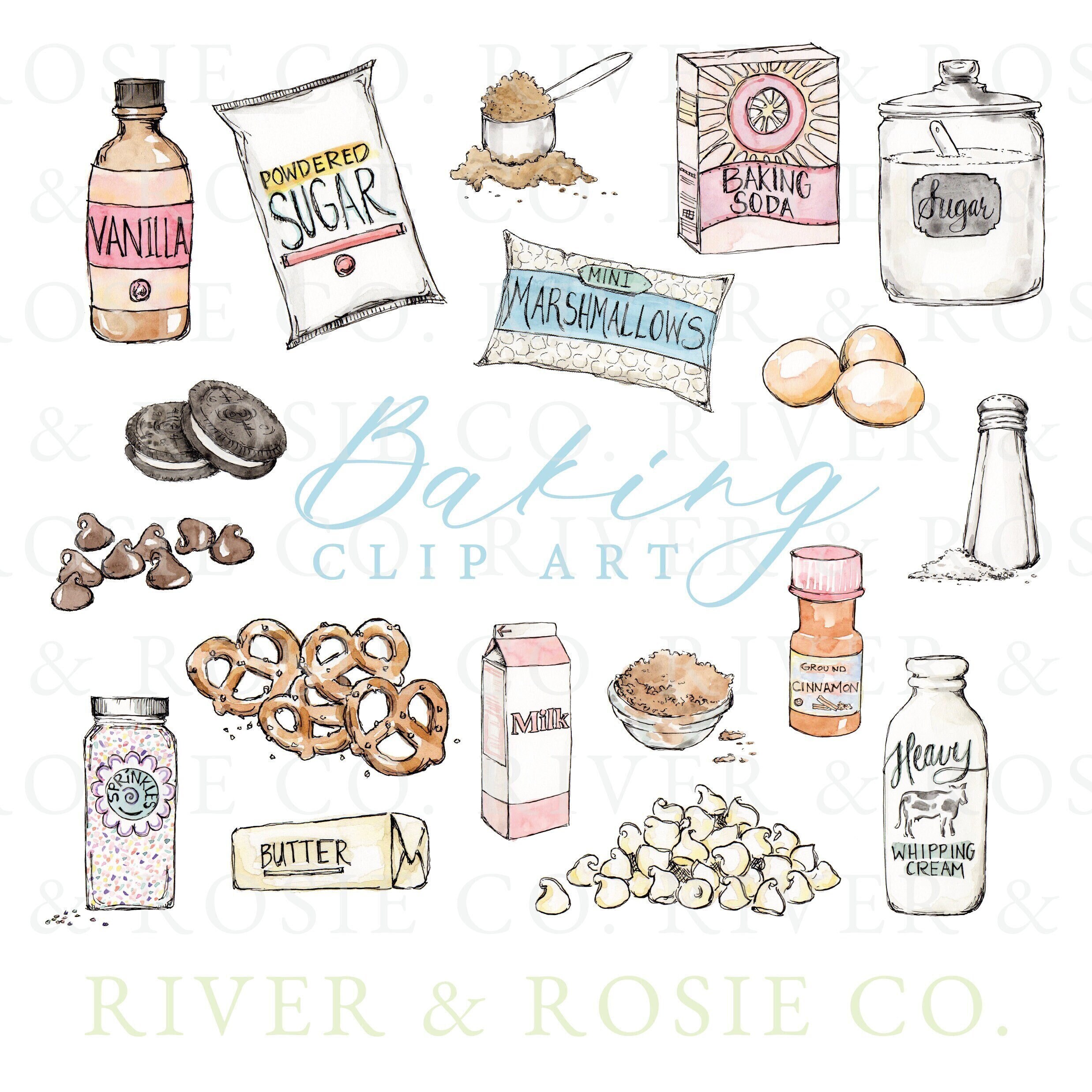 Baking Ingredients Digital Download, Watercolor Clip Art, PNG Files ...