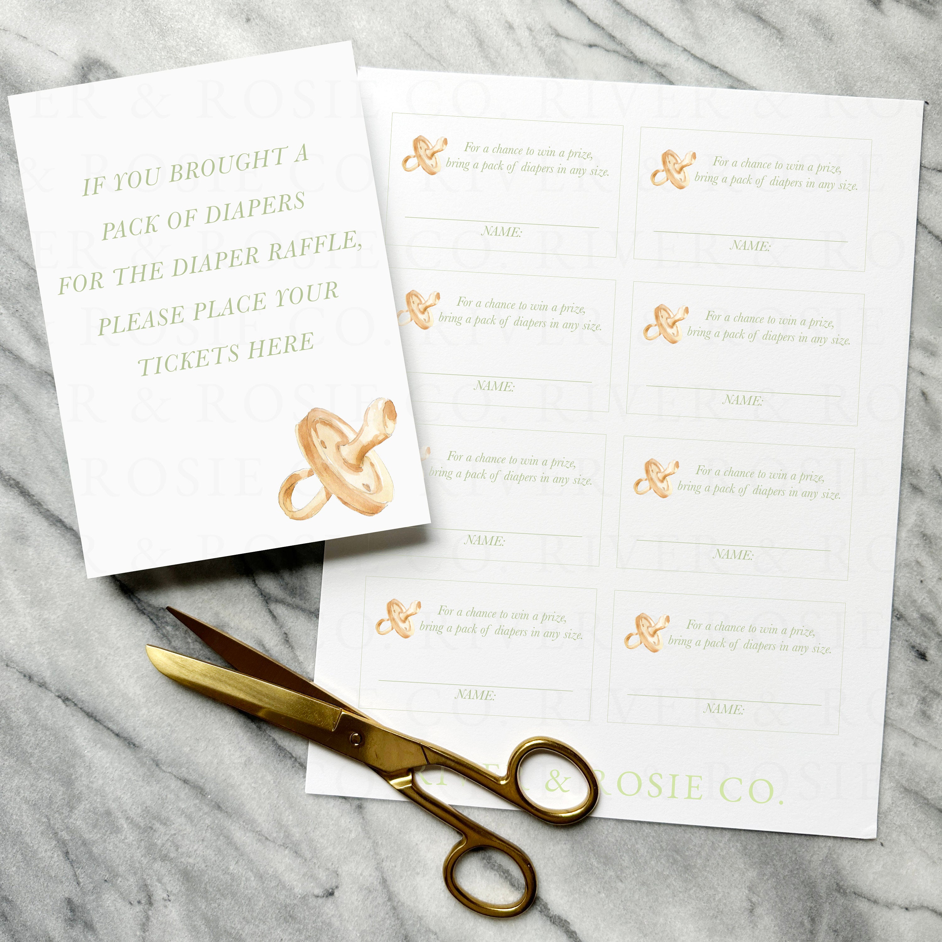 Printable Diaper Raffle Ticket, Baby Shower Sign Set, Green and White ...