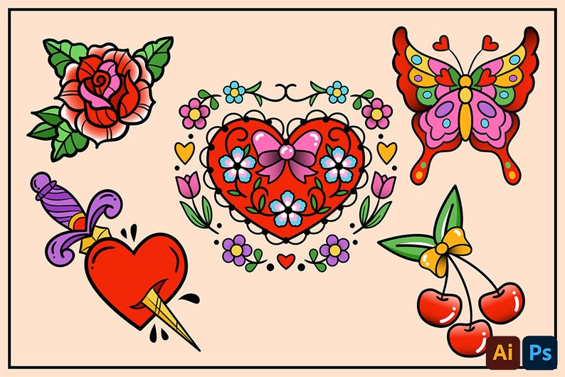 Traditional Tattoo Art Vector Set - Etsy