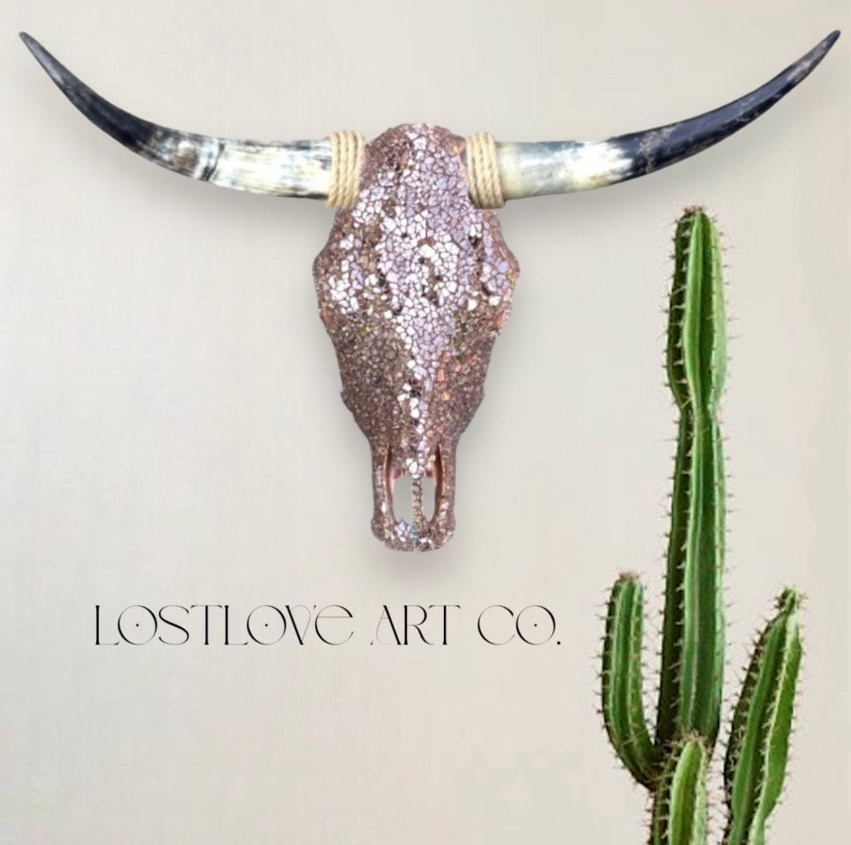 Rose Gold Glass Shine Longhorn Steer Cow Skull Custom Hand Decorated ...