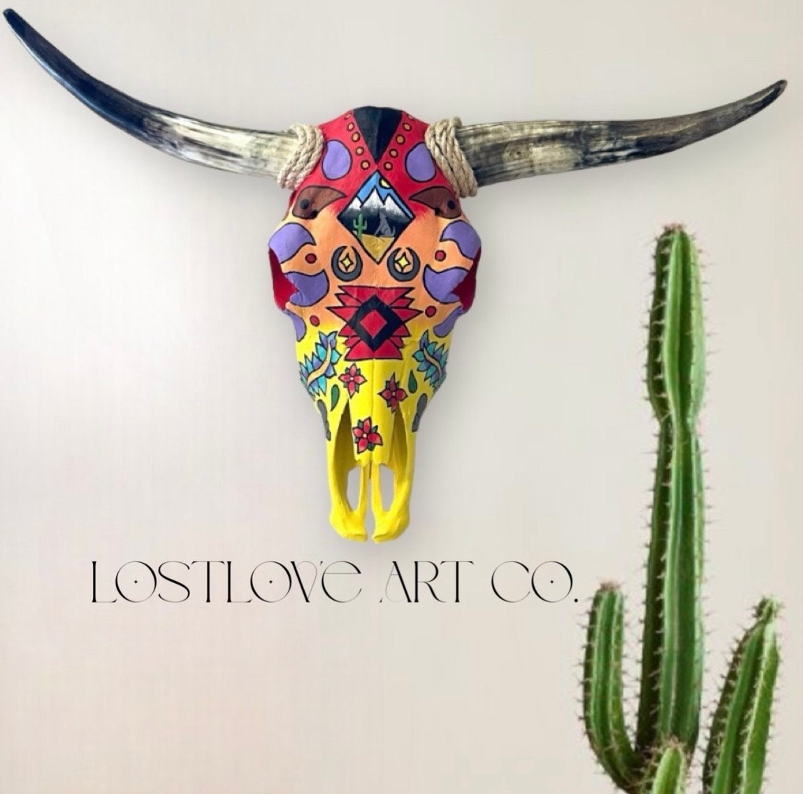 Western Boho Style Longhorn Steer Cow Skull Custom Hand Painted Cow ...