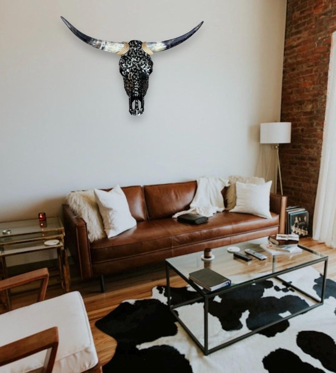 Hand Decorated Black Cow Skull Wall Art: Rustic Farmhouse Decor Western ...