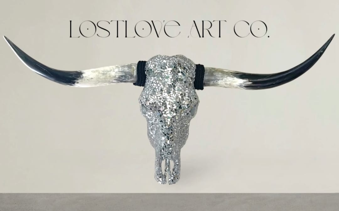 Silver Glass Mirrored Longhorn Steer Cow Skull Custom Hand Decorated ...