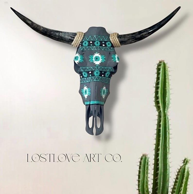 Hand-painted Aztec Cow Steer Skull Wall Art: Rustic Farmhouse Decor ...