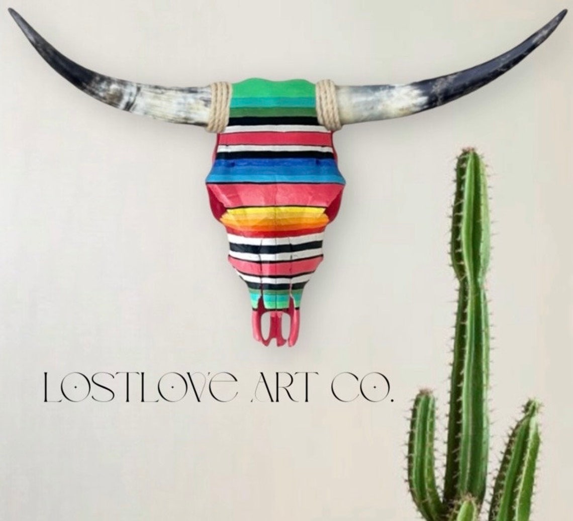 Hand Painted Serape Cow Skull Wall Art: Rustic Farmhouse Decor - Etsy