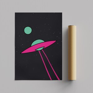 Retro Space Art Print, UFO Wall Art, Alien Spaceship Poster, Cosmic ...