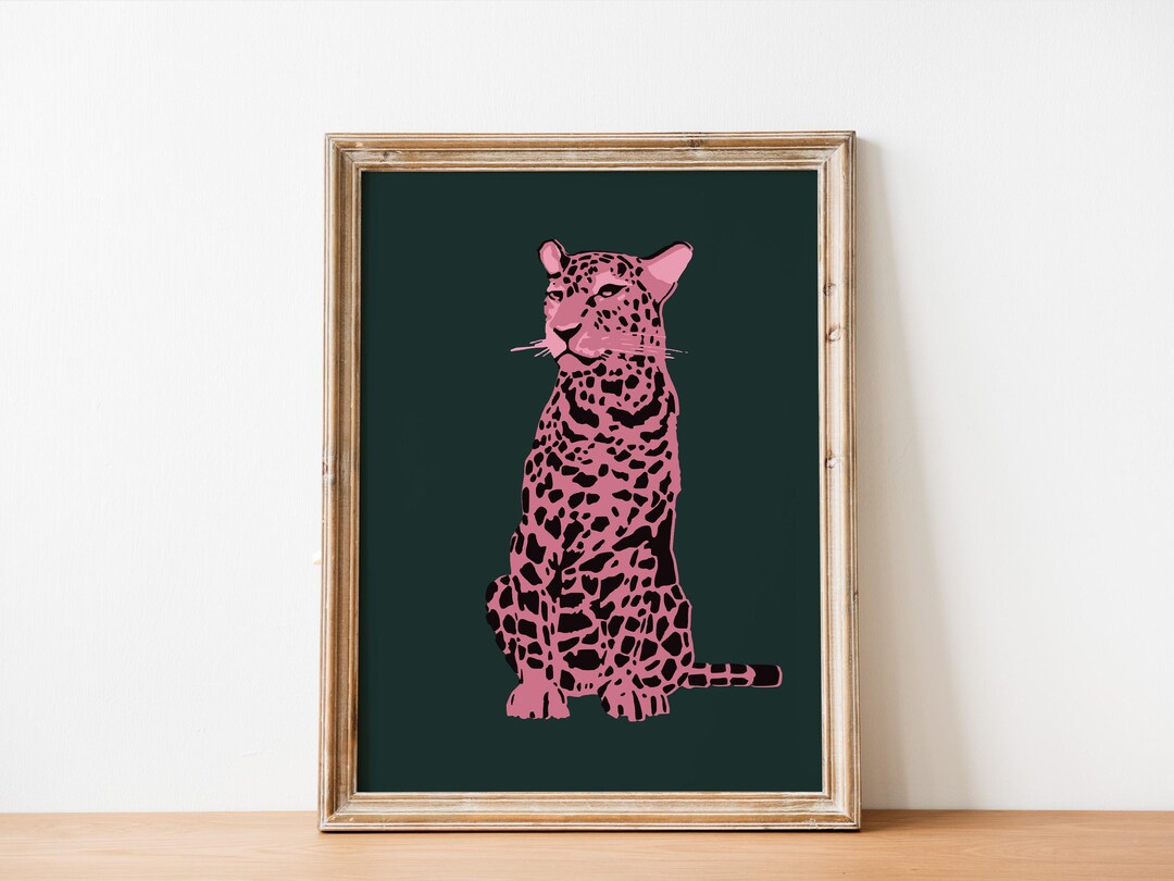 Pink Leopard Art Print, Big Cat Wall Art, Leopard on Green Aesthetic ...