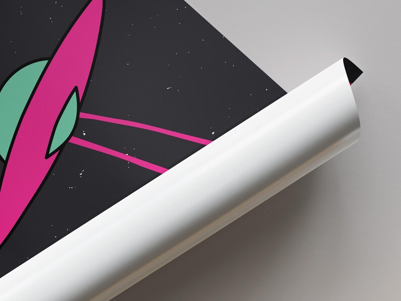 Retro Space Art Print, UFO Wall Art, Alien Spaceship Poster, Cosmic ...
