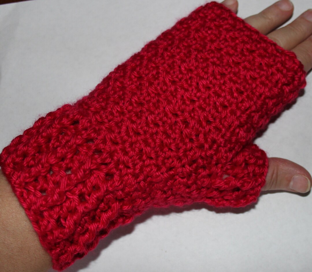 Ruby Red Fingerless Mitts Mittens Gloves Crochet Pattern Caron Simply ...
