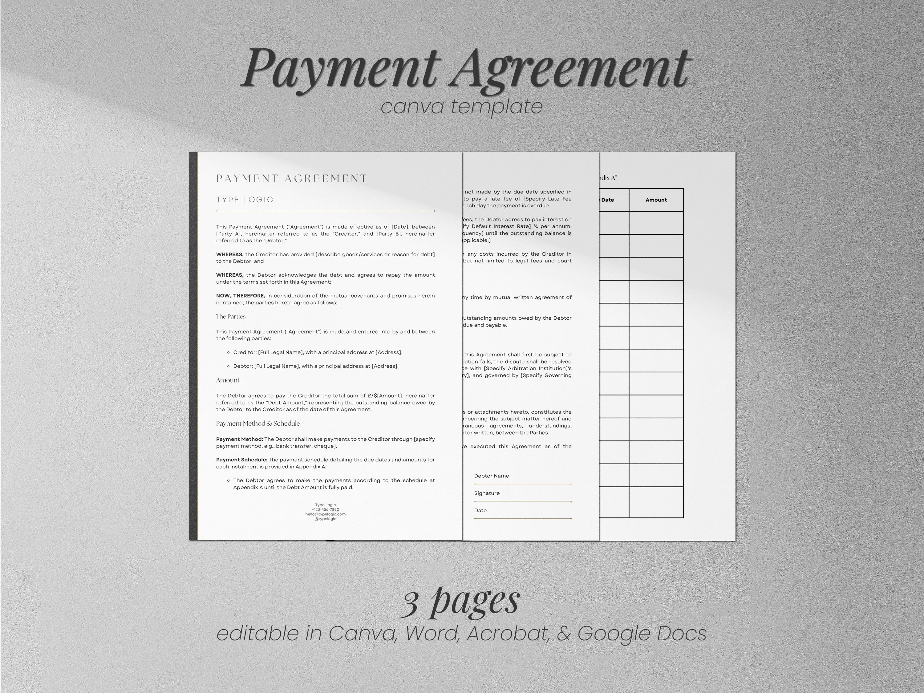 Customisable Payment Agreement Template - Loan Contract for Debt ...
