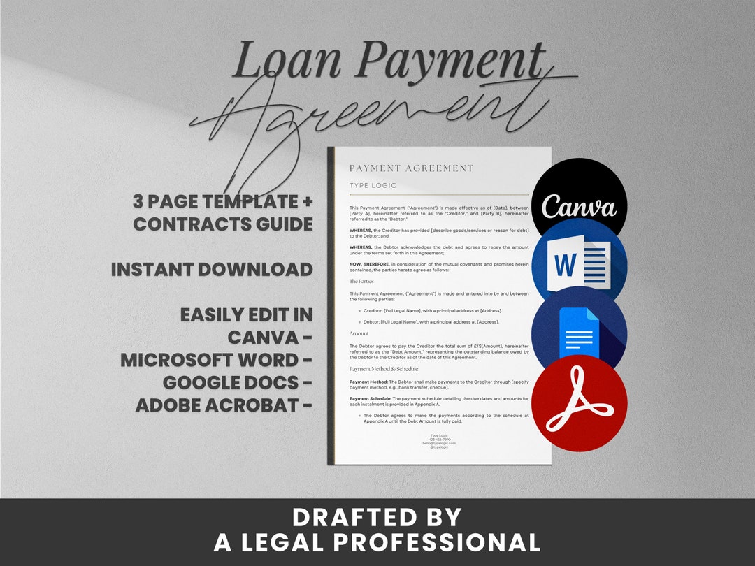 Customisable Payment Agreement Template - Loan Contract for Debt Repayment, Installment Plans ...
