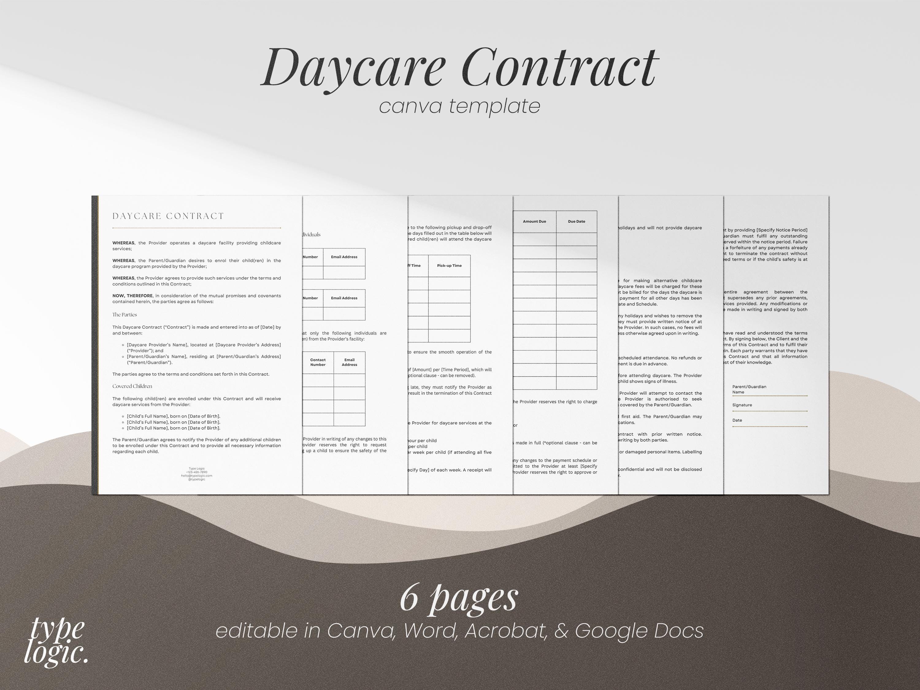 Editable Daycare Contract Template | Professional Childcare Agreement ...