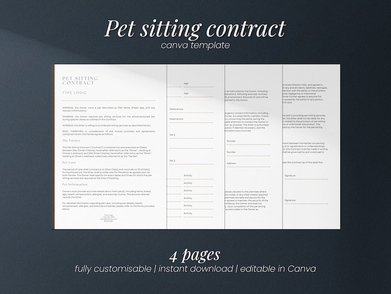 Editable Pet Sitting Contract - Printable Pet Care Agreement Template ...