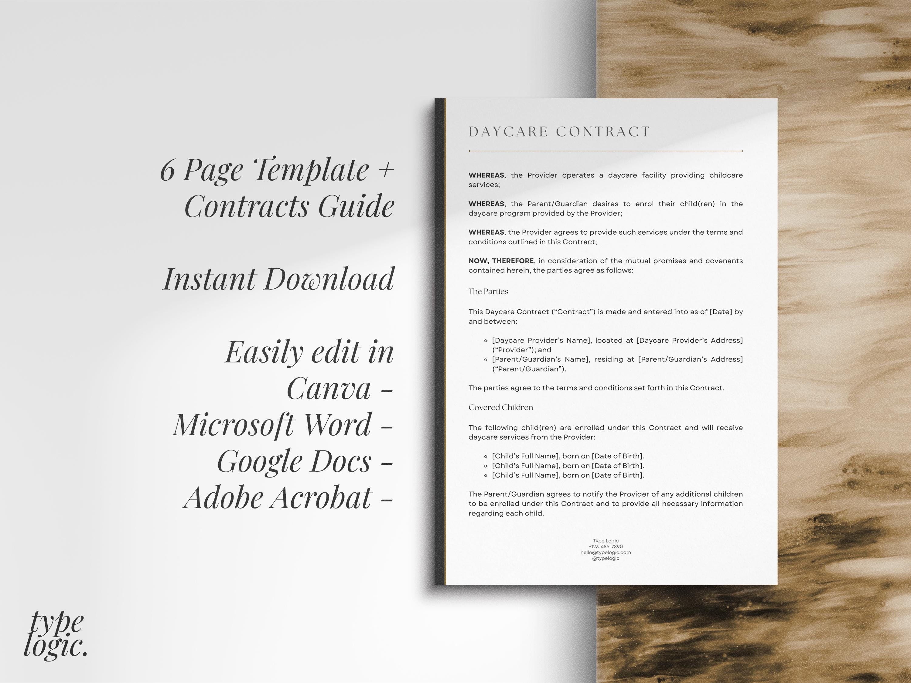 Editable Daycare Contract Template | Childcare Agreement (PDF) - Etsy
