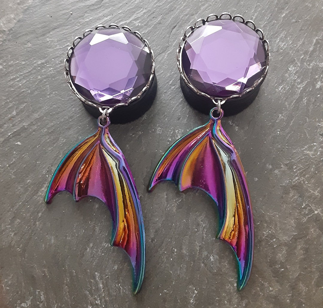 Dangle Plugs, 7/8" 22mm, 1" 25mm, Gothic Wedding Gauges, Rainbow Bat ...