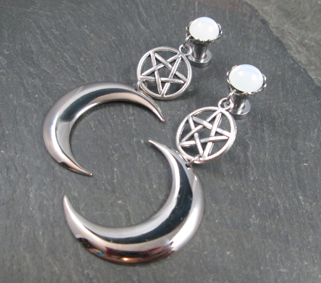 Dangle Plugs, Crescent Moon, Pentacle Gauges, Pagan Gothic Jewelry - Etsy