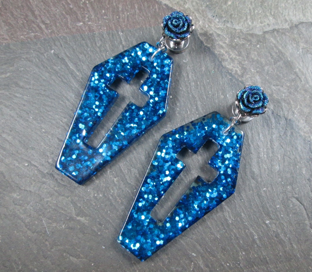 Coffin Dangle Plugs / Gauged Earrings / Blue Glitter Roses / Gothic ...