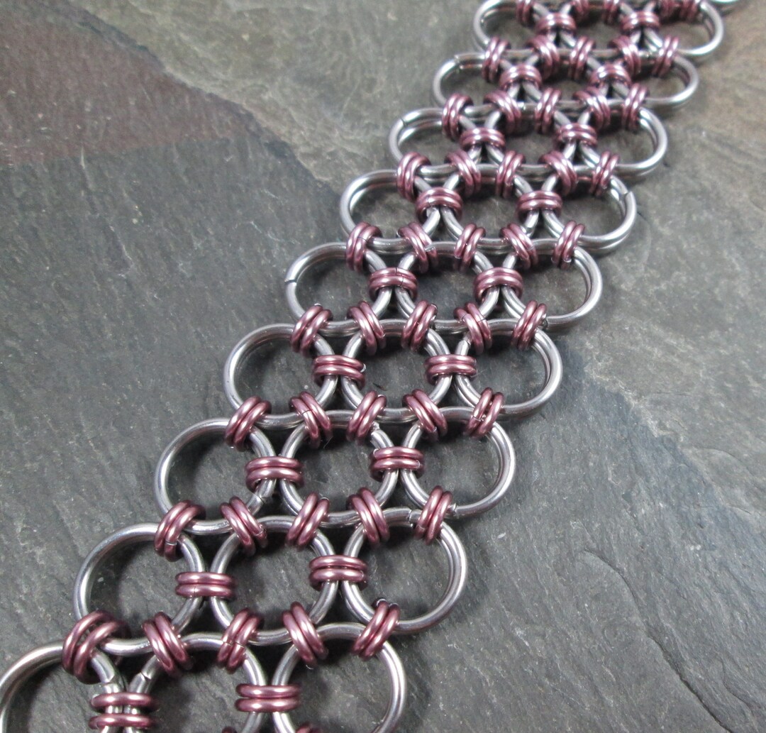 Chainmaille Bracelet Steel and Mauve Japanese Weave Cuff - Etsy