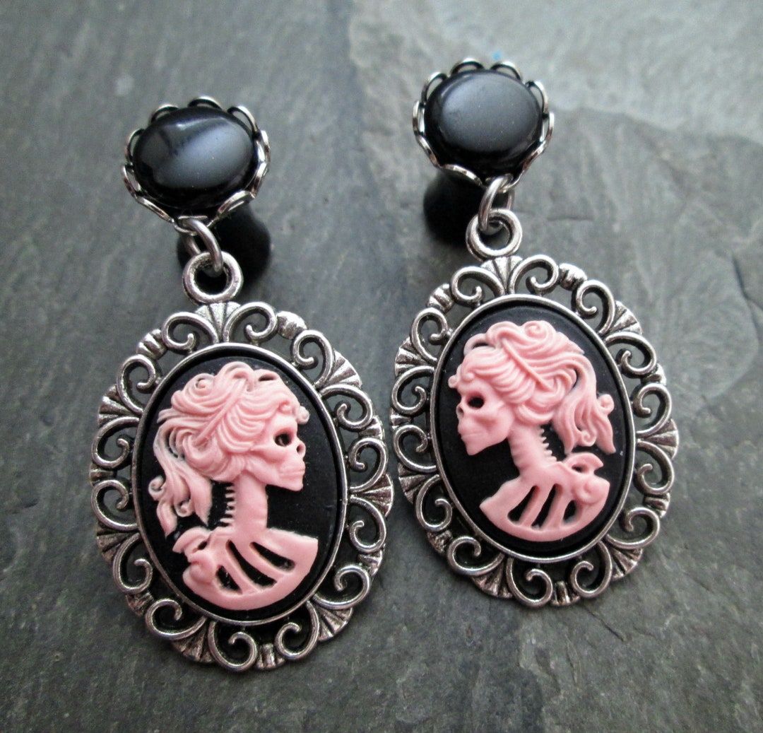 Gauged Dangle Plug Earrings 12g Thru 1" Skeleton Lady Cameo Choose ...
