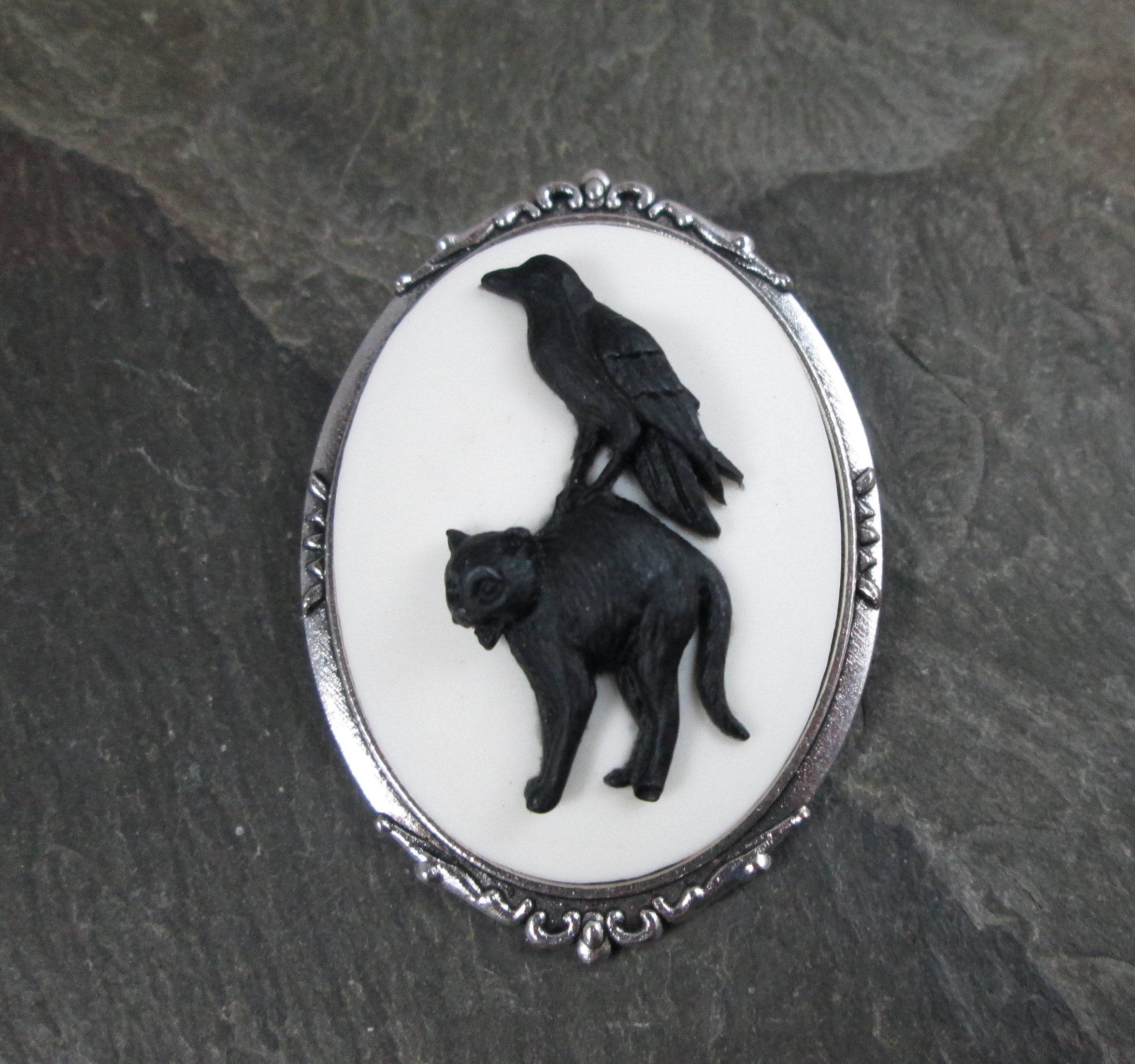 Raven and Cat Brooch Gothic Accessories Black and Silver | Etsy