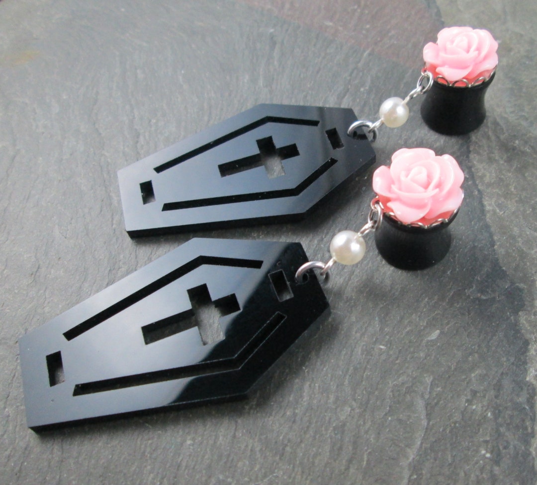 Coffin Dangle Plugs, Pastel Goth Gauged Earrings, Resin Rose ...
