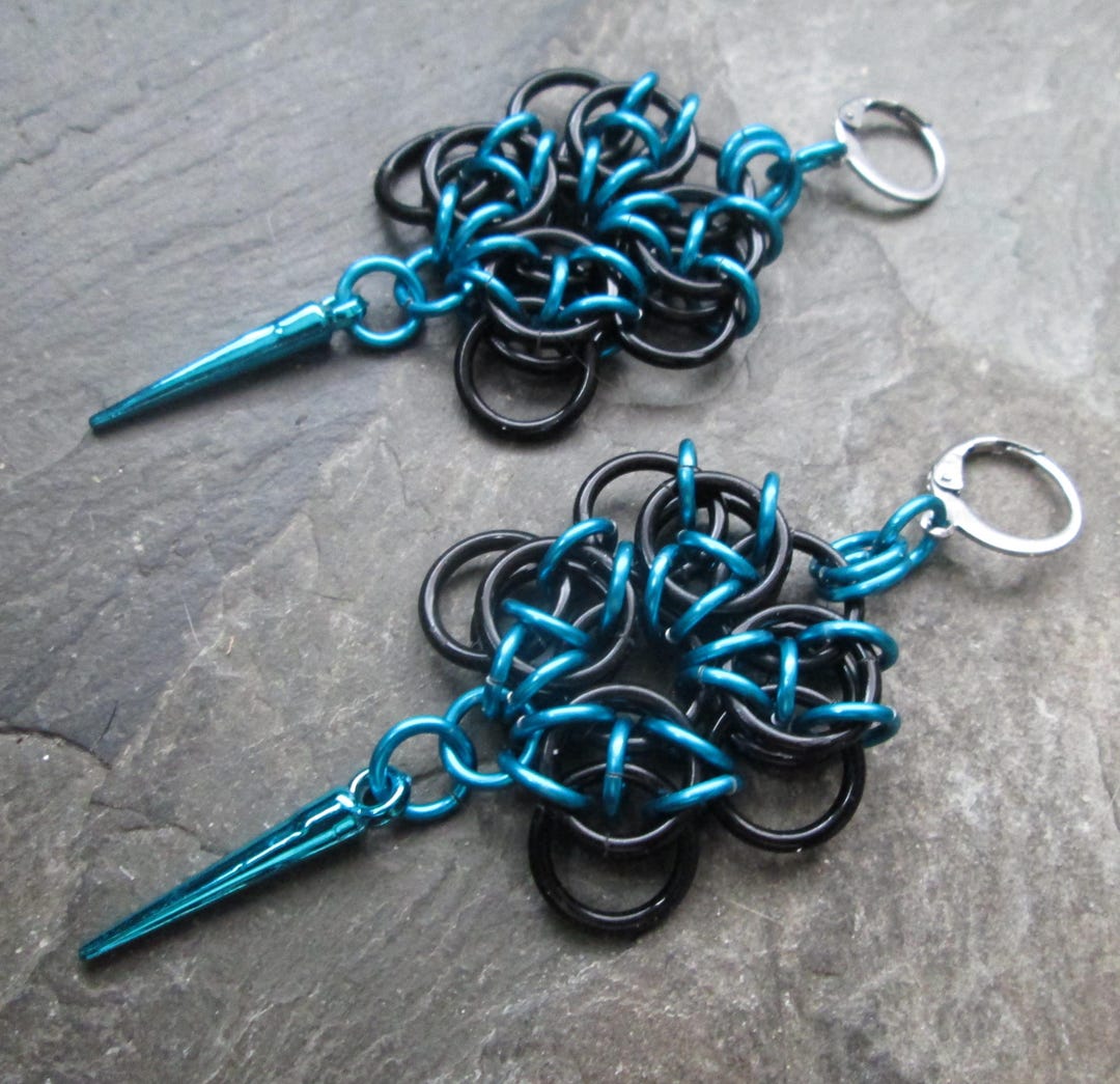 Chainmail Spike Earrings, Celtic Strap Weave, Turquoise and Black - Etsy