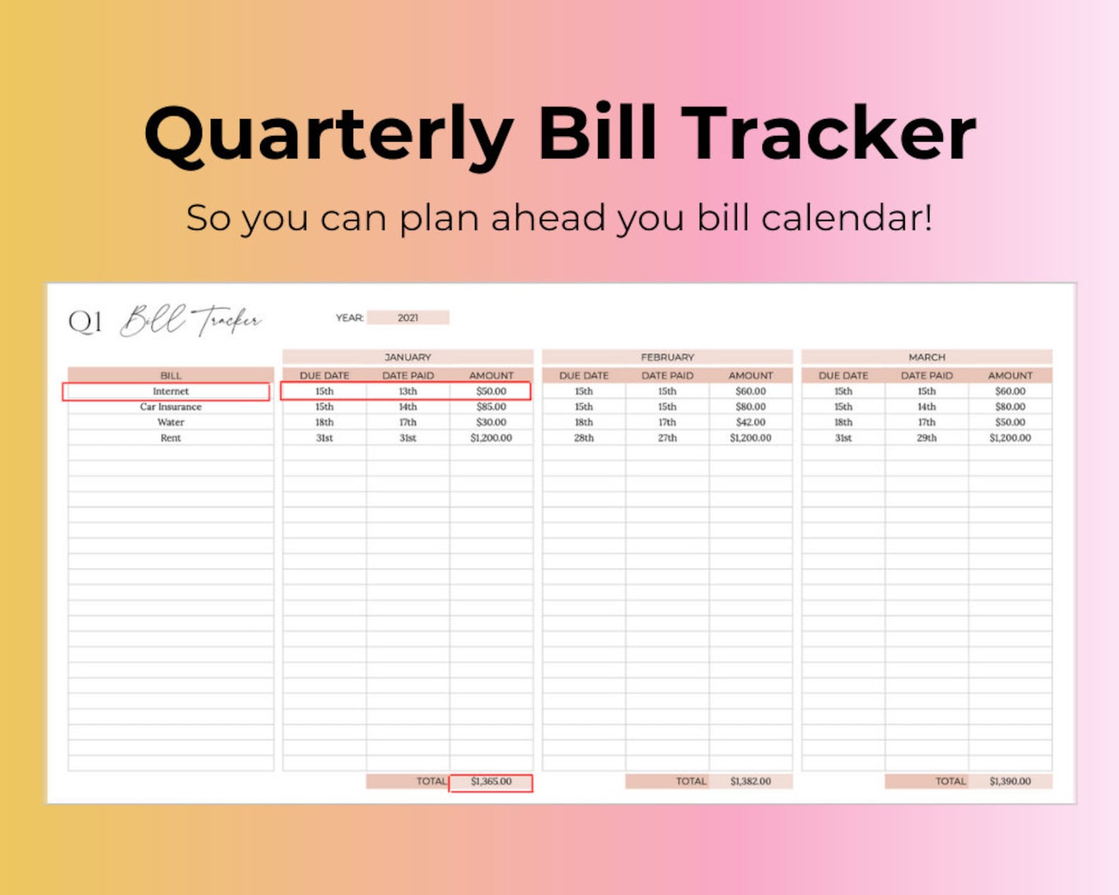Bill Tracker Spreadsheet Google Sheets Bill Calendar Monthly Bill ...
