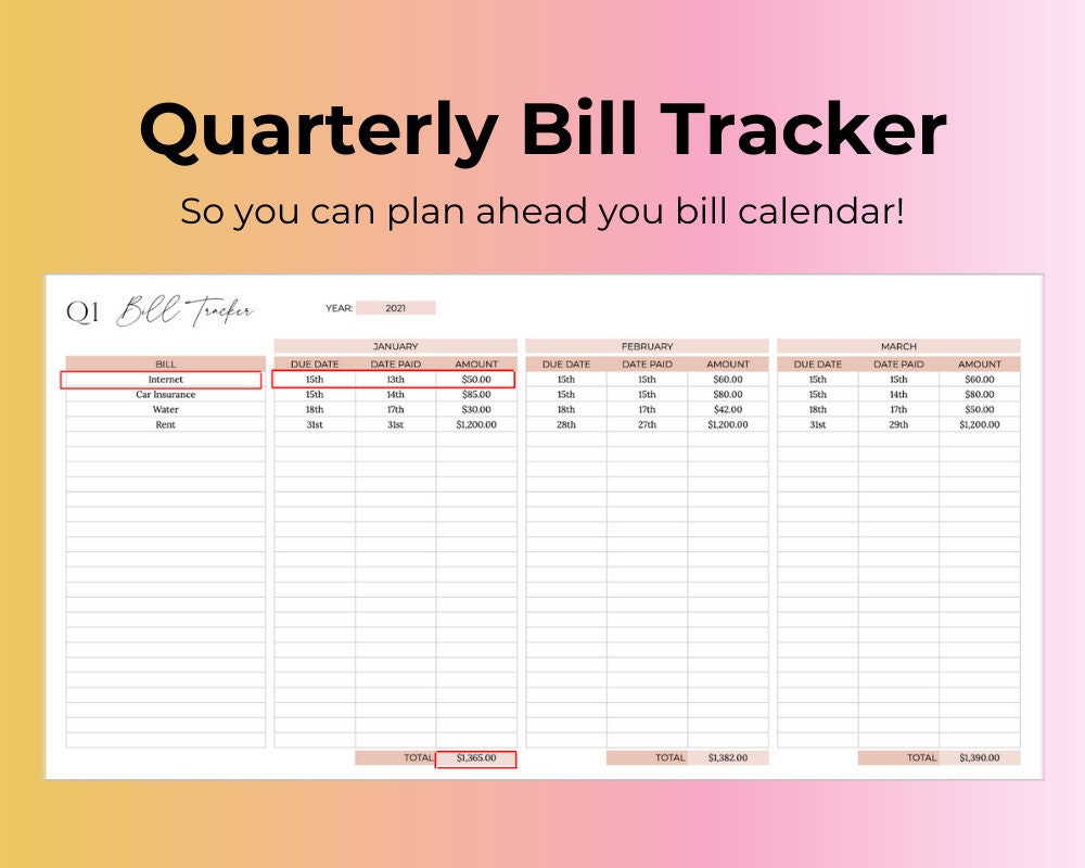 Bill Tracker Spreadsheet Google Sheets Bill Calendar Monthly Bill ...