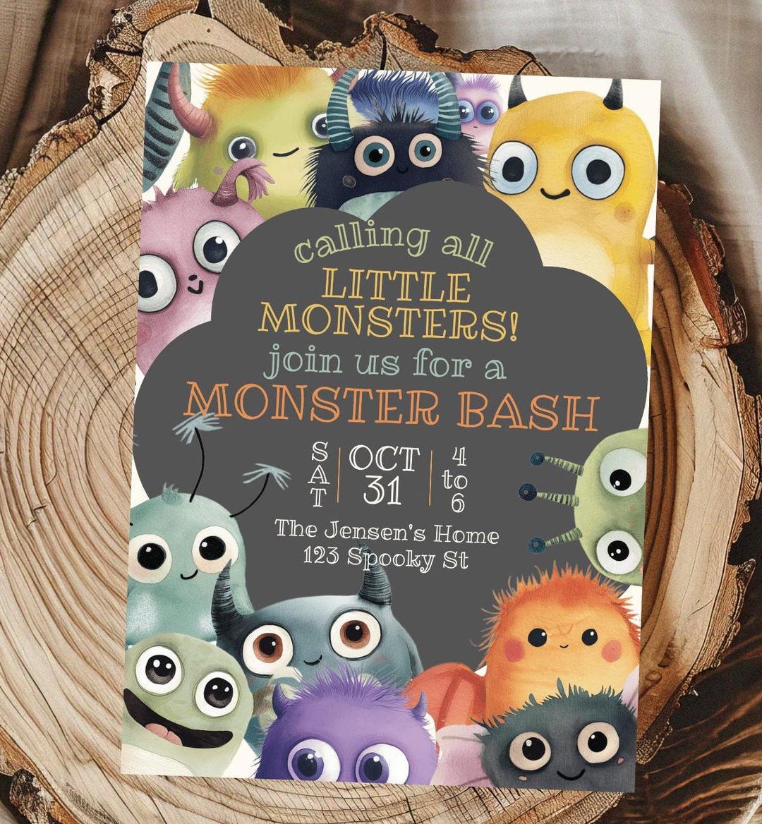 Cute Little Monsters Party Invitation Editable Template | Mobile Invite ...