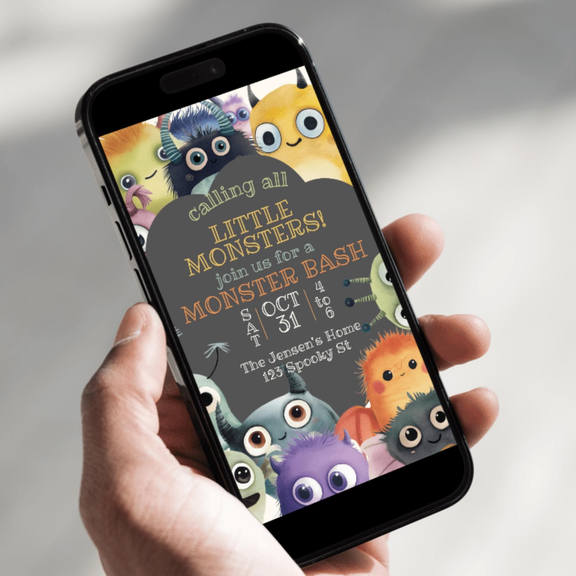 Cute Little Monsters Party Invitation Editable Template | Mobile Invite ...
