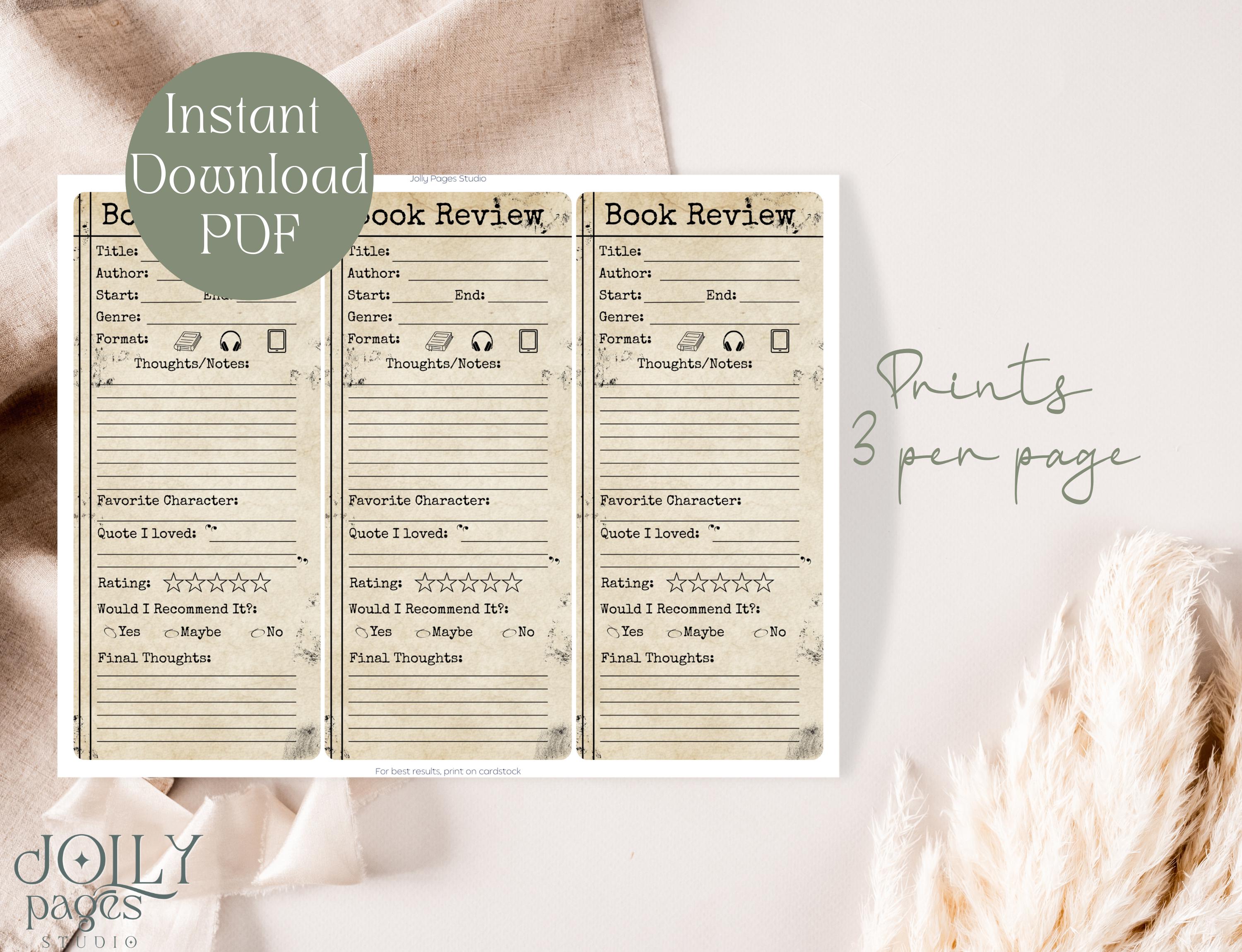 Printable Book Review Cards: Vintage Reader's Journal (instant Download ...