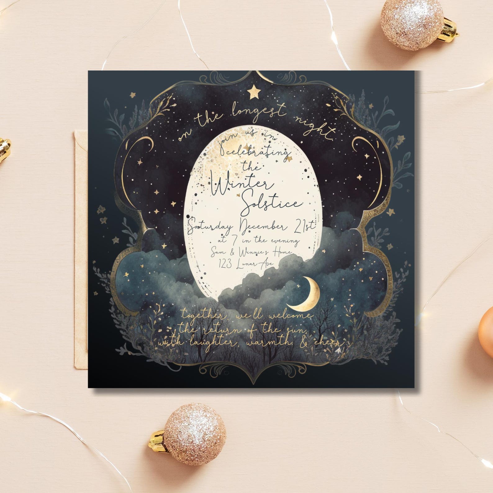Winter Solstice Party Invitation: Moon & Stars, Editable Template ...