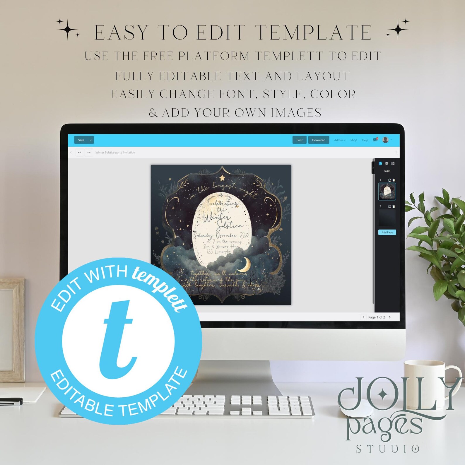 Winter Solstice Party Invitation: Moon & Stars, Editable Template ...