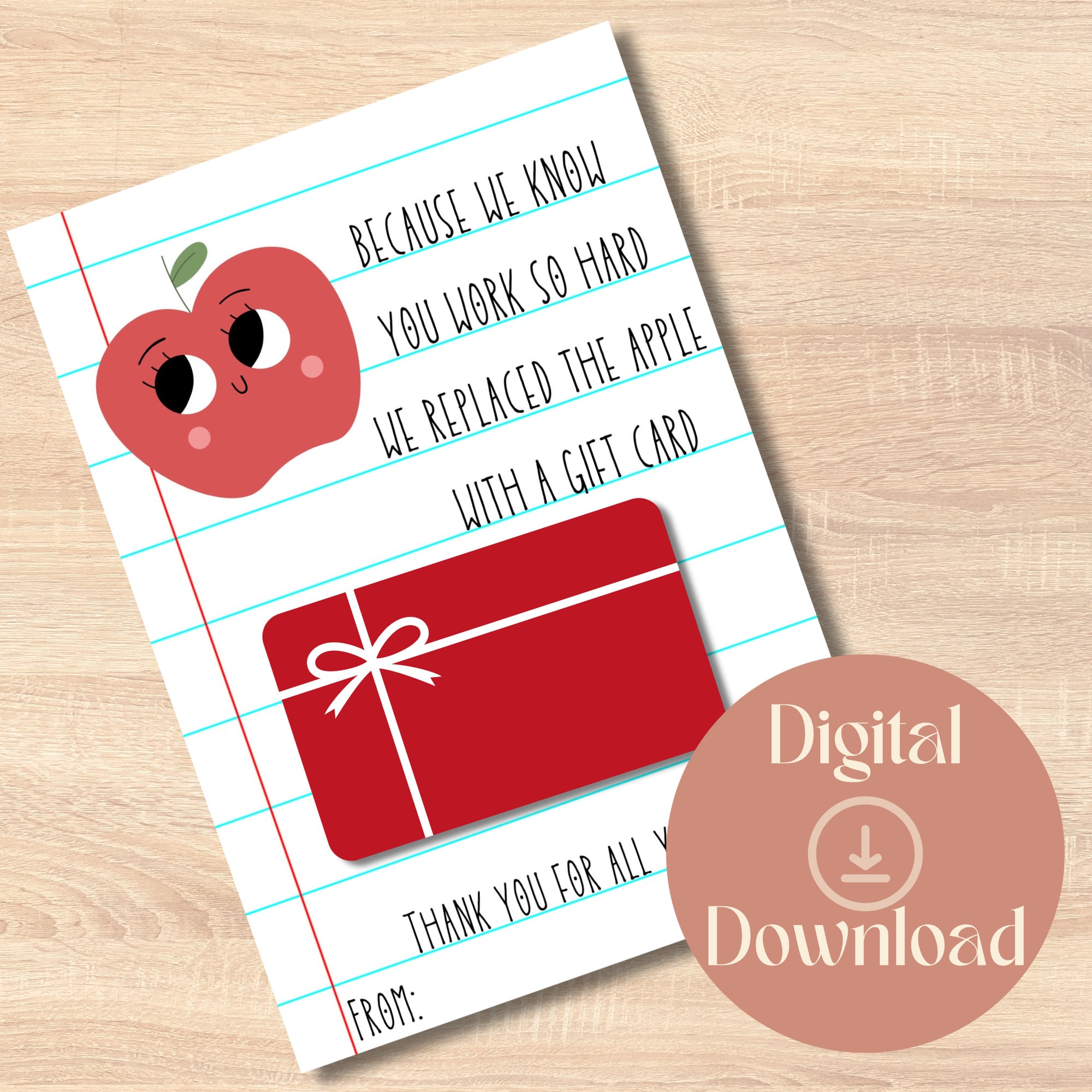 Teacher Appreciation Gift Card Holder: Printable Apple Thank You Card ...