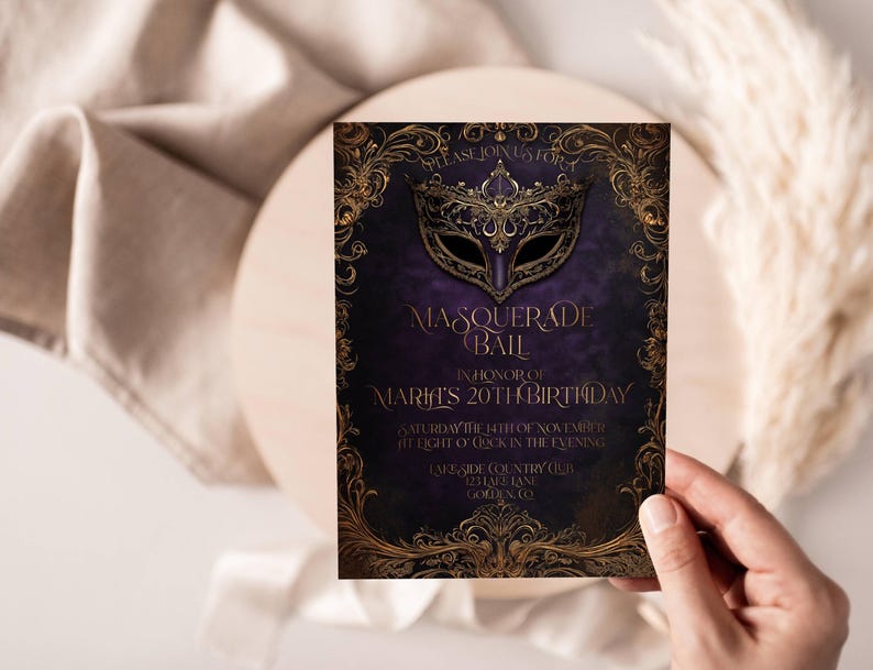 Masquerade Party Invitation Editable Template | Deep Purple and Gold ...