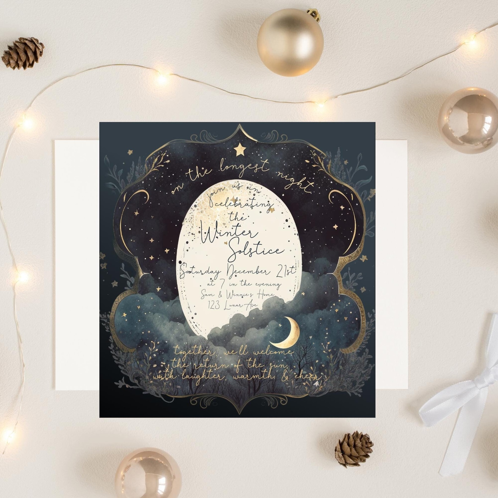 Winter Solstice Party Invitation: Moon & Stars, Editable Template ...