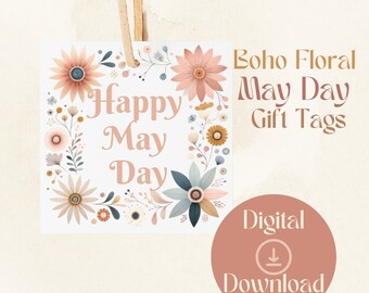 May Day Printable Gift Tags Square Gift Tags May Day Basket Tag Floral ...