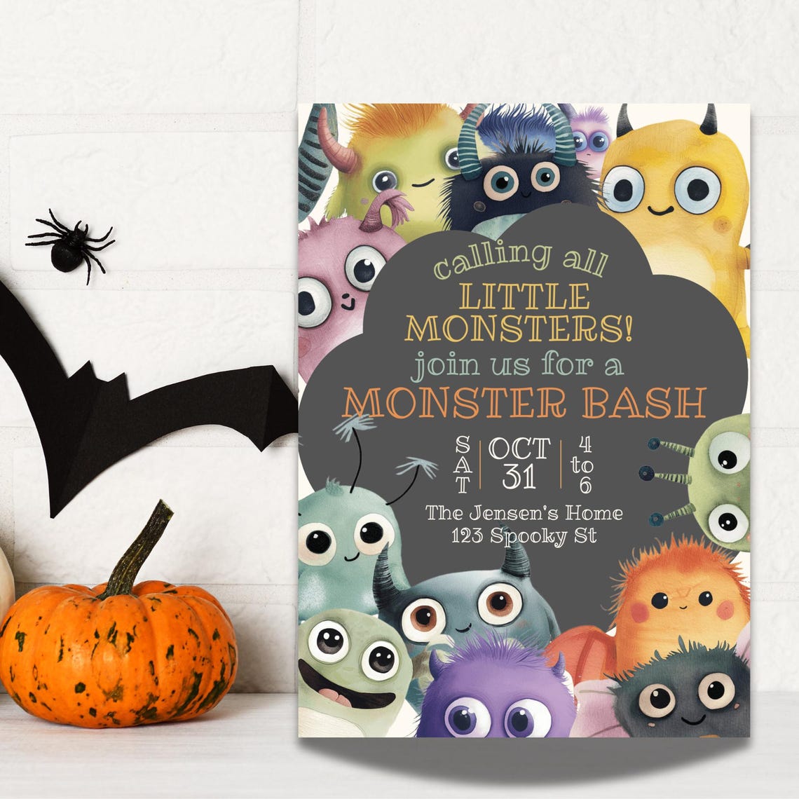 Cute Little Monsters Party Invitation Editable Template | Mobile Invite ...