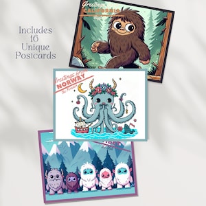 Cryptid Creatures Postcard Set: Bigfoot, Loch Ness, Kraken (digital ...