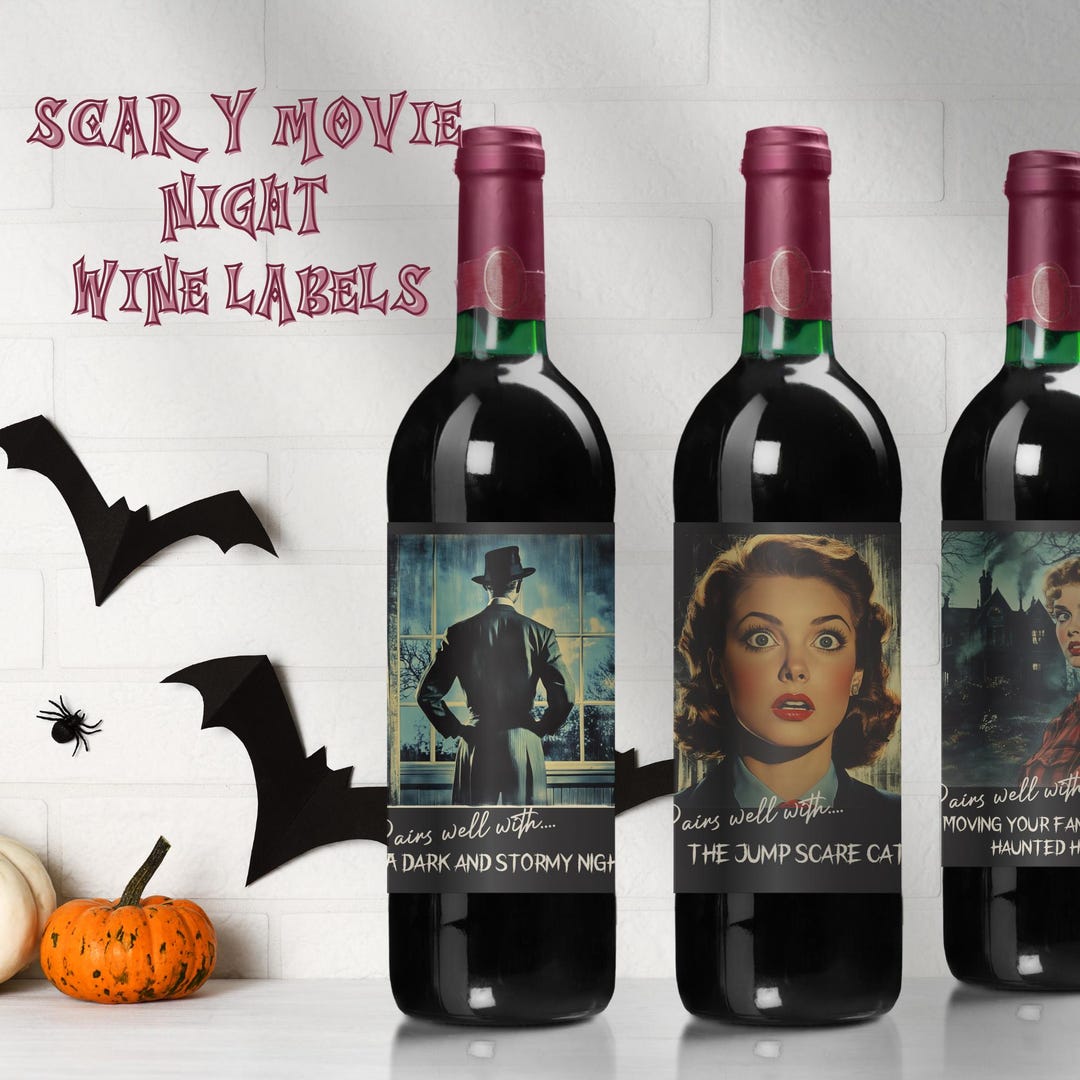 Vintage Scary Movie Wine Labels: Halloween Party Decor (instant ...