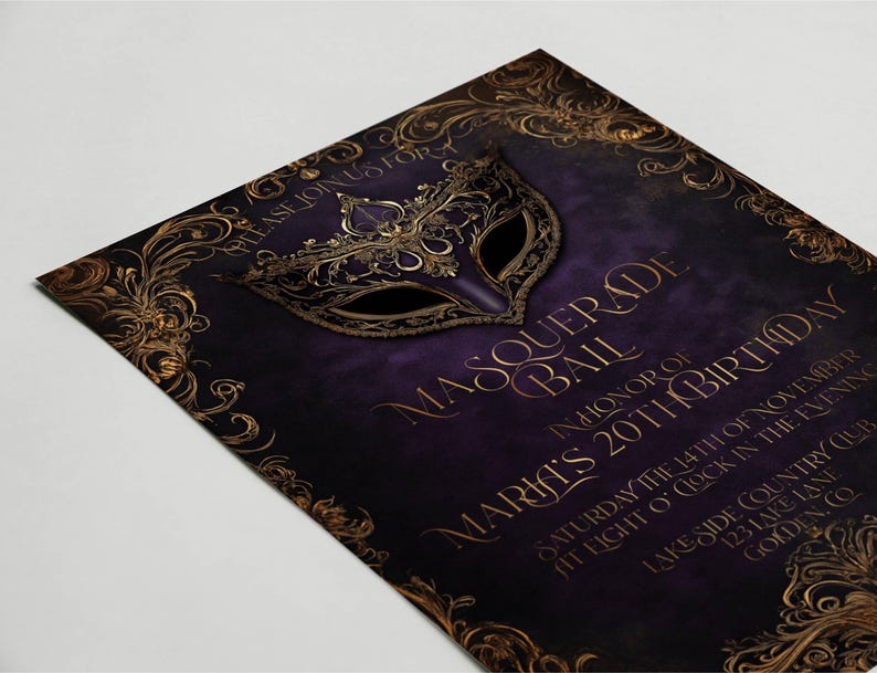 Masquerade Party Invitation Editable Template | Deep Purple and Gold ...