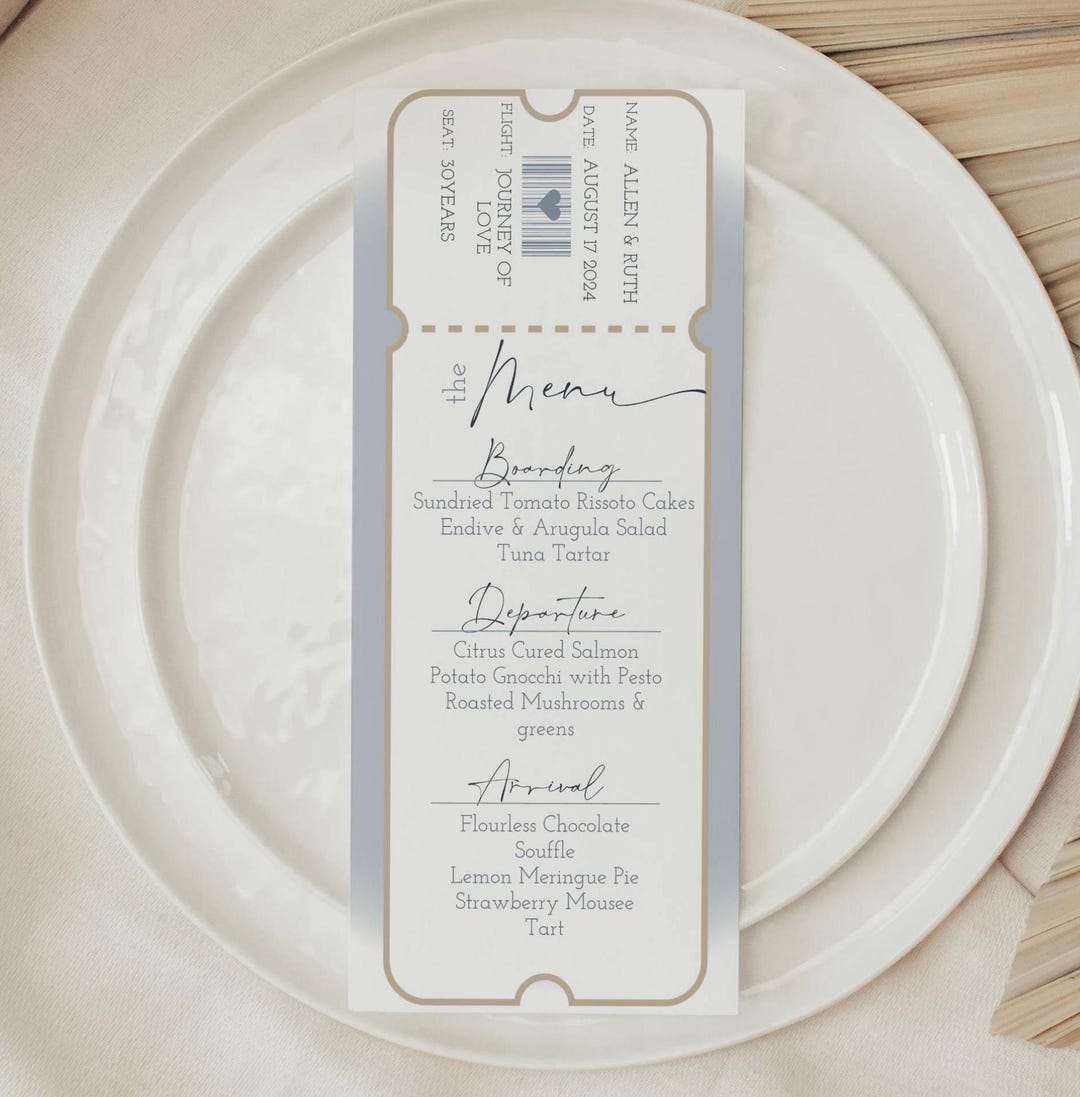 Boarding Pass Menu Card, Place Card, and Food Tent Set | Editable ...