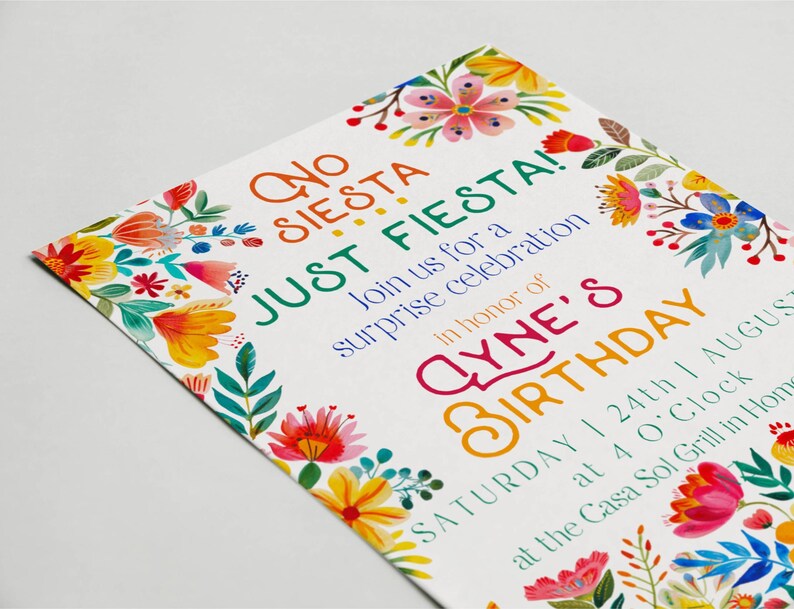 Fiesta Birthday Party Invitation: Bright Floral, Surprise Celebration ...