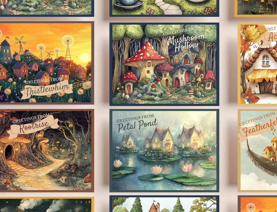 Tiny Villages Printable Postcard Set | Whimsical Fantasy Towns ...
