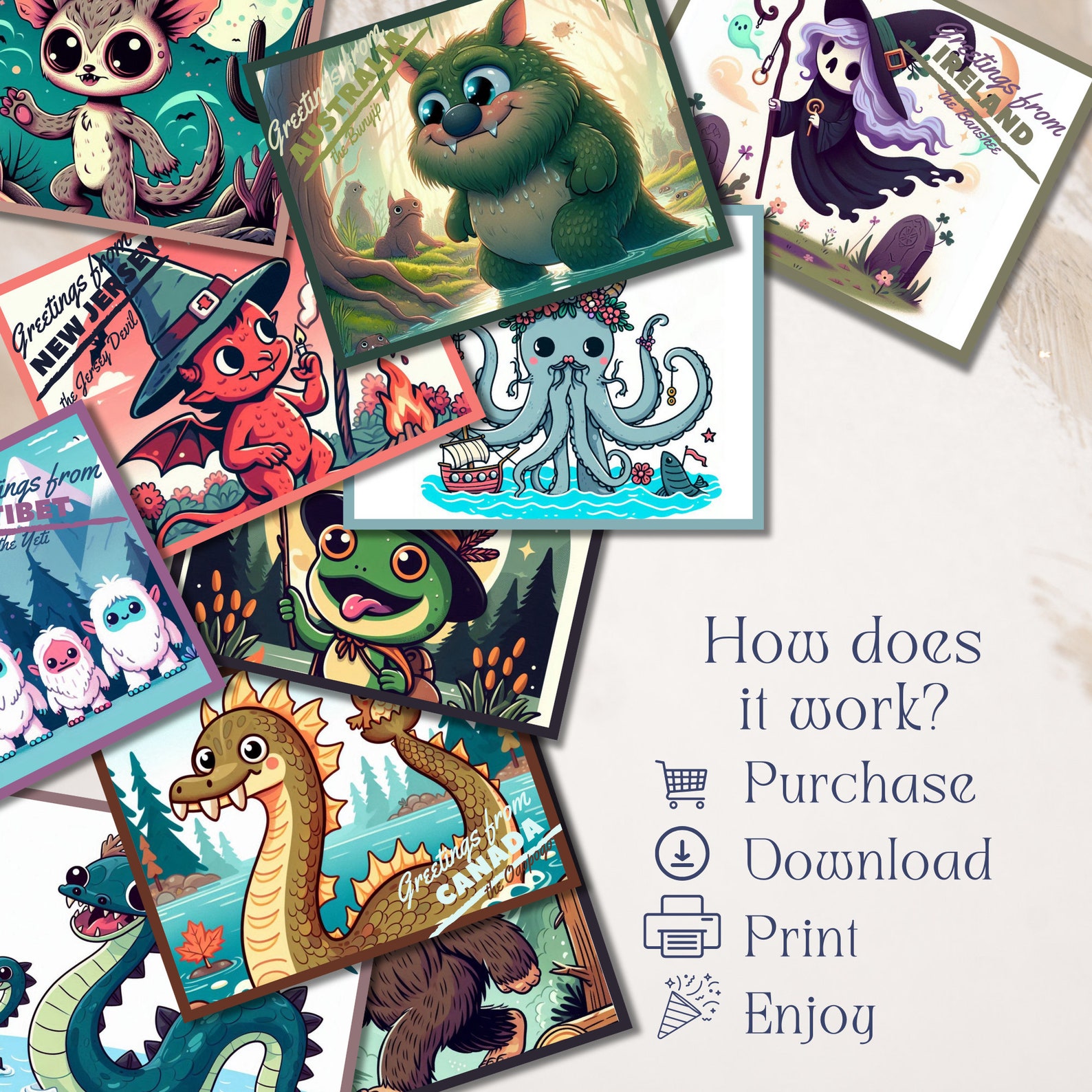 Cryptid Creatures Printable Postcards | Set of 16 Postcards | Folklore ...