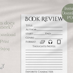 Printable Book Review Card: Minimalist Reader Tracker (digital Download ...